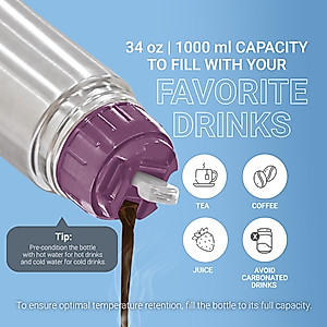 Milton Thermos for Hot Drinks 1000 ml (34 oz), 24 Hours Hot and Cold, Stainless Steel Water Bottle, Double Walled Vacuum Insulated Flask for Hot Coffee, Thermosteel, Leak Proof, Glassy, Purple