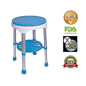 Bath Bench Round Stool with Padded Rotating Seat, White with Blue Seat