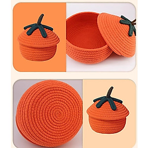 Halloween Pumpkin Basket with Lid, Halloween Pumpkin Woven Storage Basket, Candy Basket Decorative Cute Basket, Orange Woven Rope Basket for Store Toys Candys Snacks (Small)