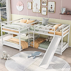 L Shaped Bunk Bed for 4, Wooden Quad Bunk Bed with Slide, Full Over Full Bunk Bed with Twin Over Twin Bunk Bed Attached for Kids Girls Boys - White