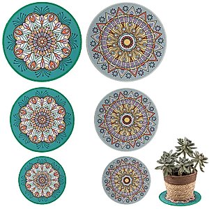 6Pcs Boho Flower Pot Mats - Absorbent Anti-Slip Plant Pot Pad with 2 Colorful Patterns & 3 Sizes Round Flower Plant Protect Mat for Table Desk Garden (9.9'', 7.9'', 5.9'')