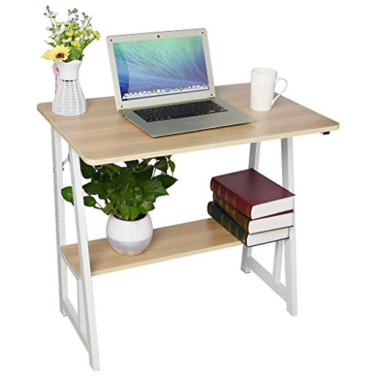 ZHOU2# Desktop Computer Desk with Storage Rack, Home Office Study Writing Table Computer Gaming Table Bedroom Laptop Study Table, Student Bookcase Study Reading Writing Desk PC Laptop Table (Yellow)