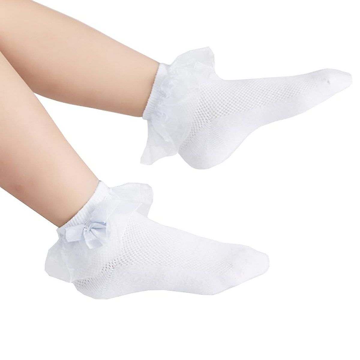 Looching 6 Pairls Baby Toddlers Girls Ruffle Frilly Socks Cotton Princess Lace Top Mesh Dress Socks with Bowknot