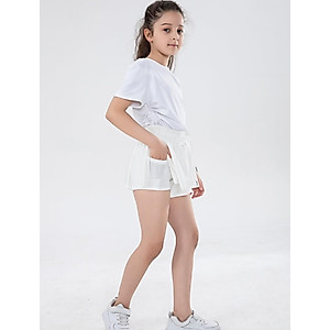 zqajuxg Girls Flowy Shorts with Spandex Liner,2 in 1 Butterfly Shorts Teen Girls with Pockets for Sports，Running，Athletic/White/8-10 Years