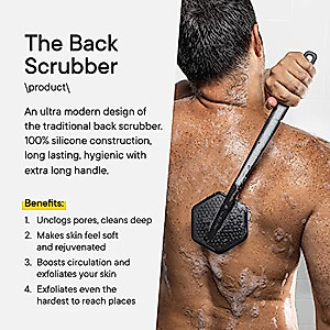 Tooletries - Back Scrubber & Hook - Silicone Long Handle Bath Shower Back Brush, Back Scrubber Body Exfoliator + Removable & Reusable Hook - Charcoal