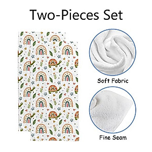 Hand Bath Towels 2 Pack Turtle Rainbow Flower Leave Absorbent Face Fingertip Towels for Bathroom Kitchen Gym Spa Soft Hair Drying Cloth Quick Dry, 30 x 15 Inch