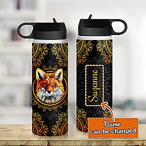 winorax Personalized Fox Water Bottle Mandala Pattern Design Sports Bottles 12oz 18oz 32oz Insulated Stainless Steel Travel Cup Birthday Christmas Gift for Women Girls Best Friends Kids Animal Lovers