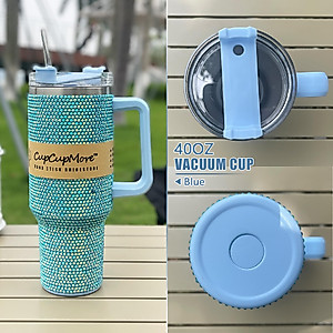 Cupcupmore 40oz Blue Bling Rhinestone Stainless Steel Sippy Tumbler Glitter Vacuum Insulated Water Bottle with Straw & Lid &Handle,Thermos for Hot & Cold Drinks,Car Cup Holder,Coffee