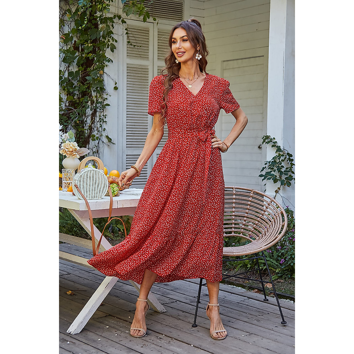 PRETTYGARDEN Women's 2024 Floral Boho Dress Wrap V Neck Short Sleeve Belted Ruffle Hem A-Line Flowy Maxi Dresses (Red Floral,Large)