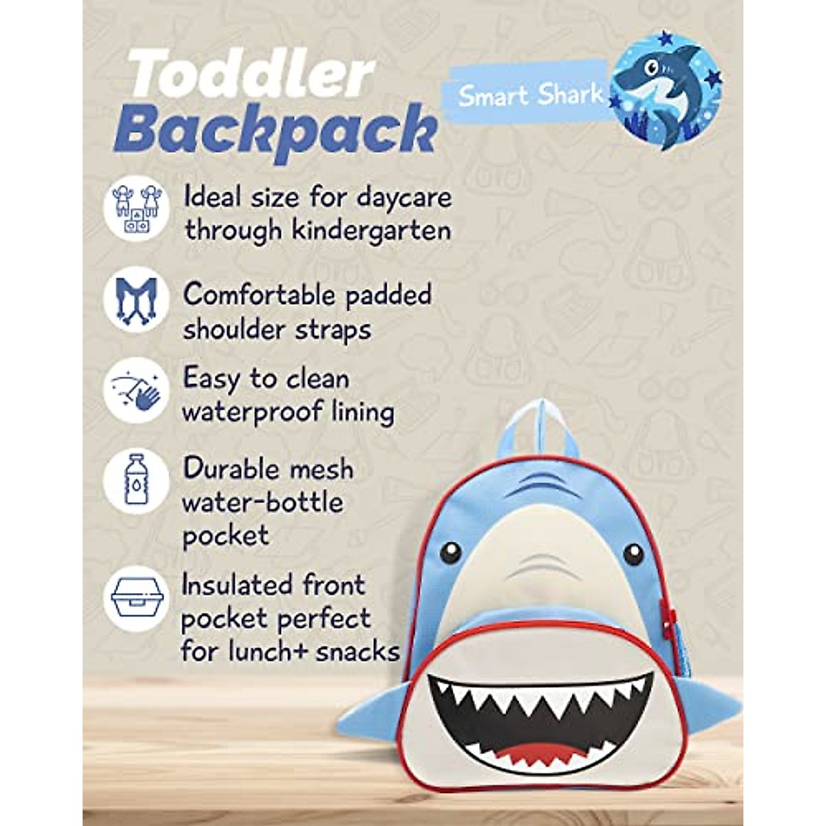 JOY2B Toddler Backpack for Boys and Girls - Shark Backpack for Girls and Boys - Kids Backpack for School Camp Travel - Preschool Backpack with Water Bottle Holder - Smart Shark