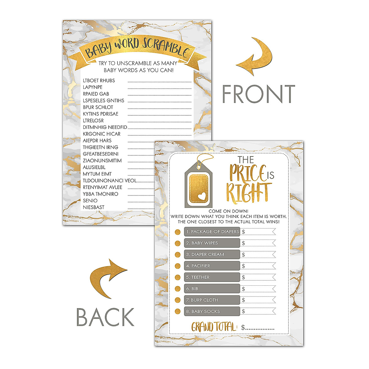 Baby Shower Game Bundle | 40 Cards - Four Baby Shower Activities | Baby Shower Price Is Right | Baby Shower Word Unscramble | Notes of Advice | Wishes for Baby | Baby Shower Activities