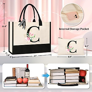 AYGE Personalized Initial Canvas Beach Bag Cosmetic Bags, Monogrammed Gifts for Women, Tote Bag, Makeup Bag, Birthday Gifts for Sister Mom Teacher Bridesmaid (C)
