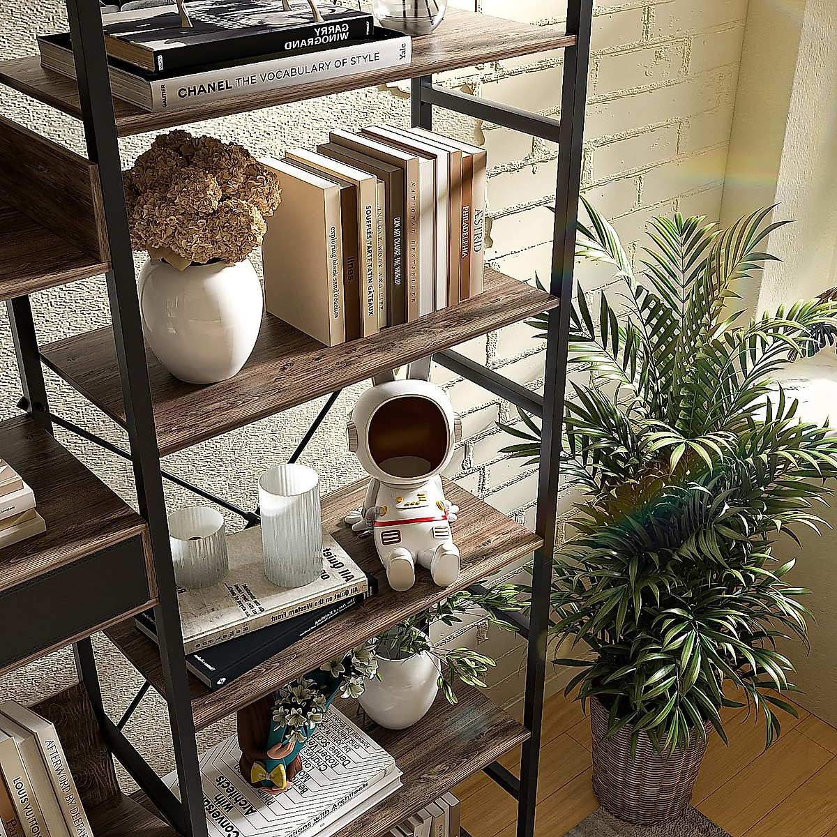 GEBAROW 5 Tier Bookshelf with Triple Wide, Modern Bookshelf with Metal Frame, Industrial Bookshelf, Large Open Bookshelf for Bedroom, Living Room and Home Office Vintage Brown (2)