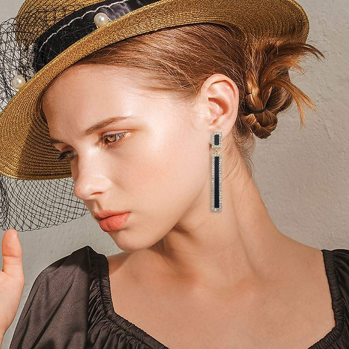 GBAHFY Black Color Drip Glaze Earrings for Women Geometric Rectangle Inlay Rhinestone Long Earrings Wedding Party Jewelry (Geometry Drip Glaze Earrings-Black)