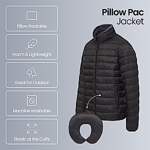 Weatherproof Men's Puffer Jacket, Lightweight Alternative Down Jacket with Packable Travel Neck Pillow, Travel-Ready Winter Jackets for Men, Water & Wind Resistant, Pewter, Medium