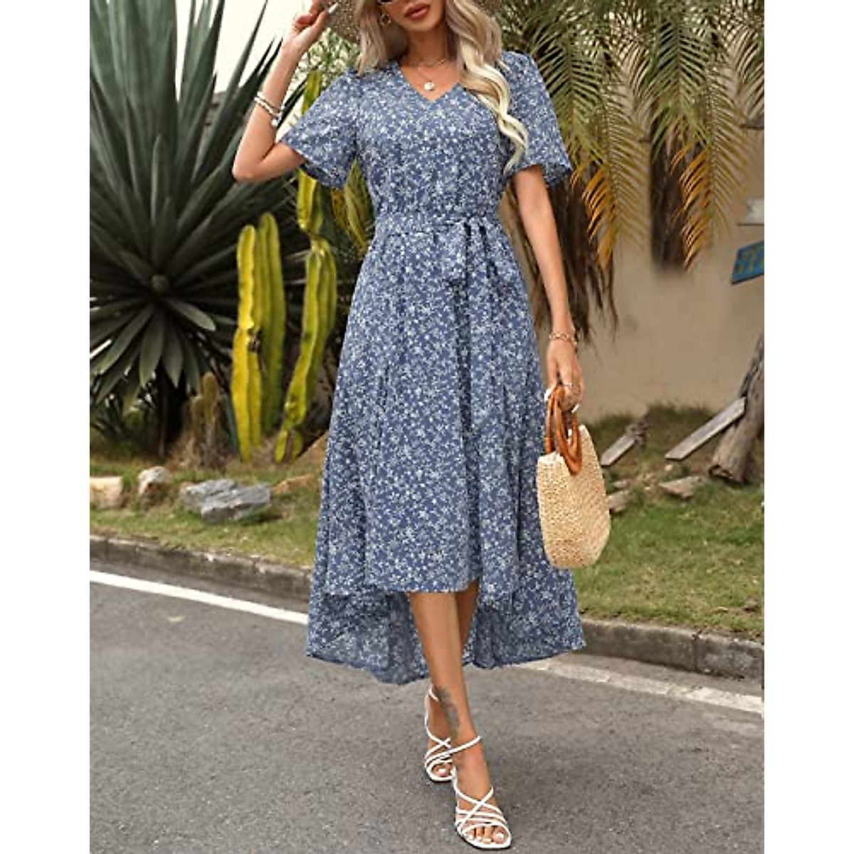 Maggeer 2023 Womens Casual Summer Dresses Short Sleeve Cute V Neck Ruffle Boho A Line High Low Flowy Swing Beach Modest Floral Maxi Dress with Pockets Dusty Blue XL