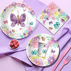 Xigejob Butterfly Party Decorations Tableware - Butterfly Birthday Party Supplies Include Plate, Cup, Napkin, Tablecloth, Cutlery, Straws, Butterfly Baby Shower Birthday Party Decorations | Serve 24
