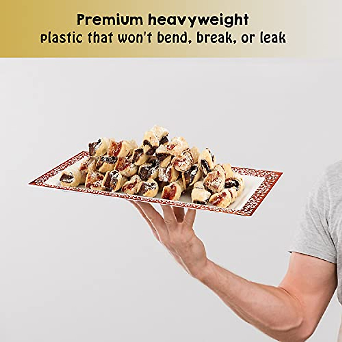 Yumchikel-Plastic Serving Tray & Platter Set (4pk) White & Rose Gold Lace Disposable Party Trays & Platters for Food - Weddings, Dessert Table, Cupcake display -14"x7.5" inches