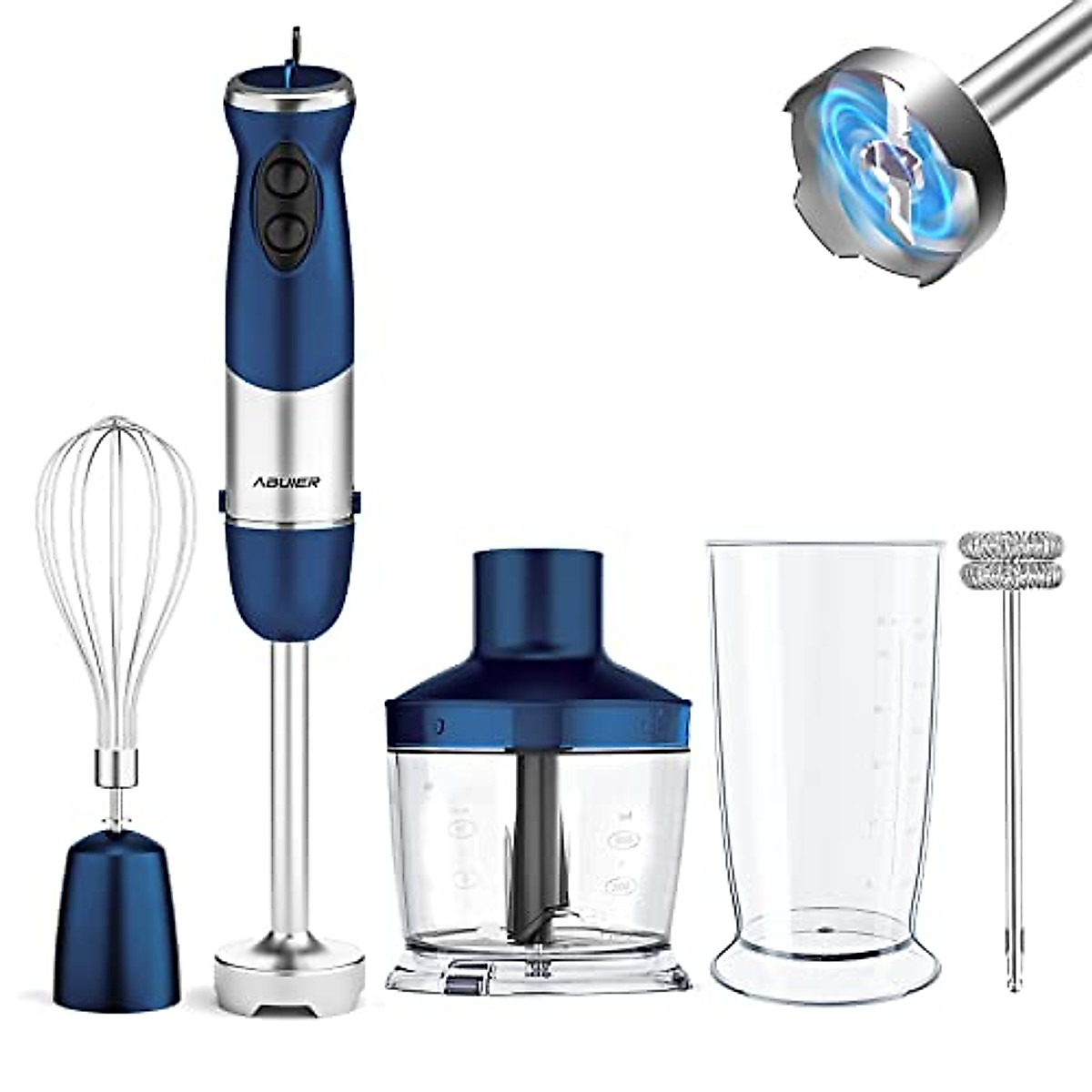 Immersion Blender Hand Blender, Abuler 800W Hand Mixer Stick, 5-in-1, 12 Speed BPA-Free Stick Blender 304 Stainless Steel, Chopper, Whisk, Milk Frother, Beaker, Smoothies, Milkshake, Purée Baby Food, Sauce, Dips, Mayo