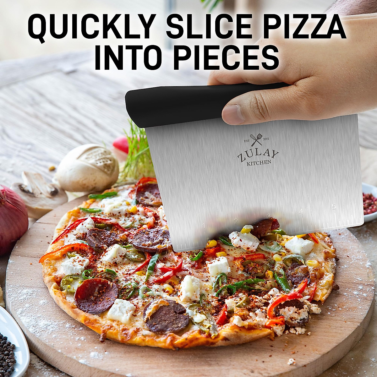 Premium Multi-purpose Stainless Steel Bench Scraper & Chopper, Easy to Read Etched Markings for Perfect Cuts, Quick & Easy Multi-use Dough Scraper, Dough Cutter & Pastry Scraper - by Zulay Kitchen