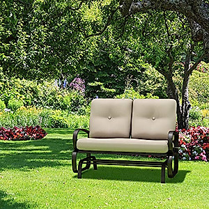 Giantex Outdoor Glider Bench, Patio 2 Person Loveseat with Removable Cushion, Thick Padded Seat, Stable Steel Frame, Outside Glider Swing Chair for Deck, Poolside, Yard, Balcony, Porch Glider(Beige)