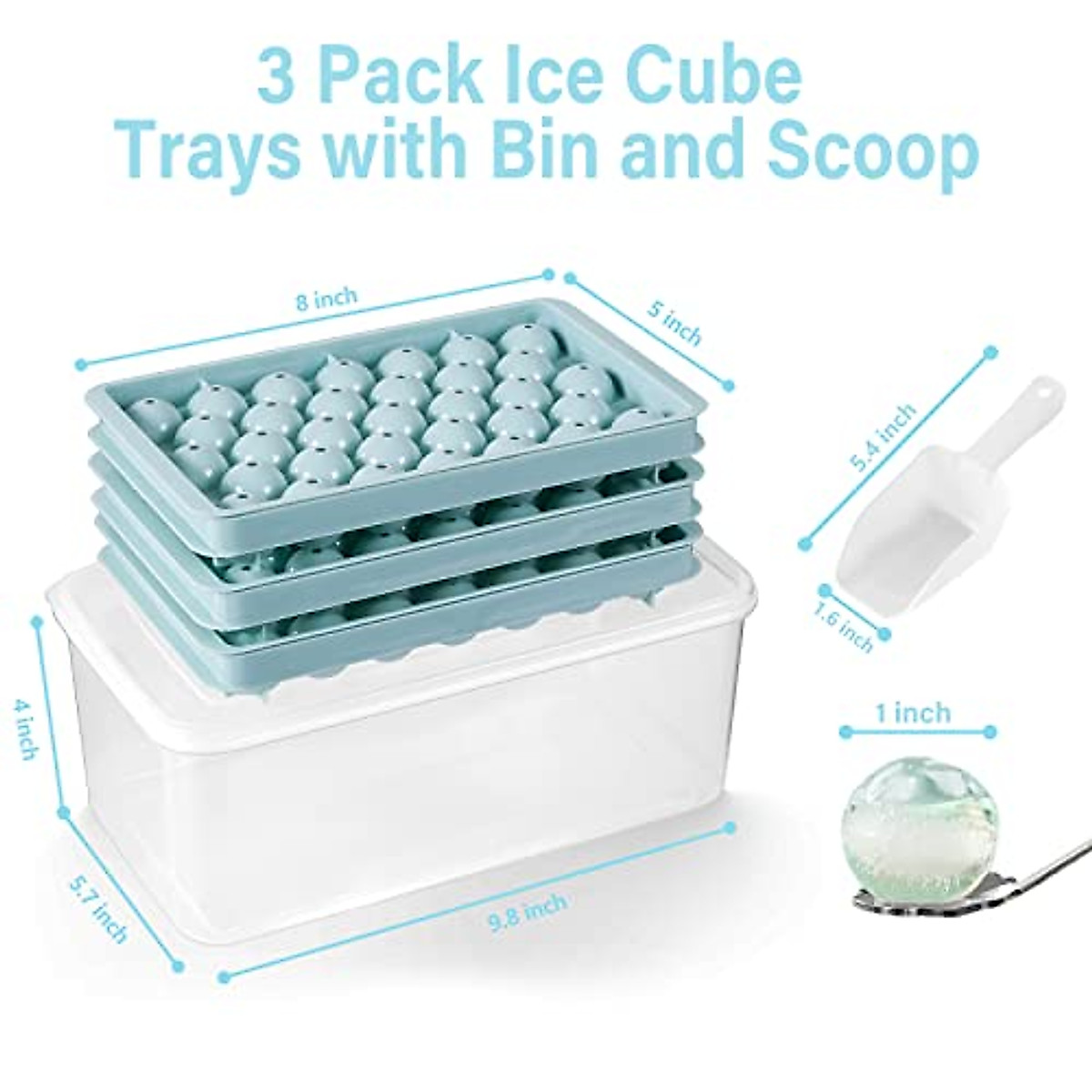 Round Ice Cube Trays - 3 Pack Round Ice Ball Maker Mold with Container Ice Cube Trays with Ice Bin Ice Scoop, for Ice Chilling, Cocktail, Juice, Coffee, Freezer