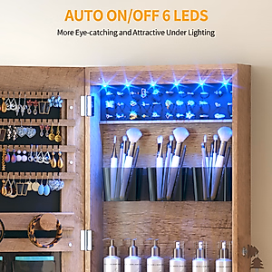 LVSOMT LED Wall/Door Mounted Jewelry Cabinet Armoire, Full Length Mirror with Lights, Lockable Storage Organizer, Over the Door Hanging Dressing Body Mirror (Wood)