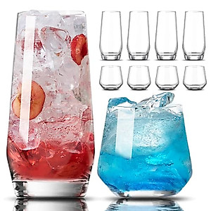 Mfacoy Drinking Glasses Set of 8-4 Tall Glass Cups 18 oz & 4 Short Stemless Wine Glasses 13 oz, Highball Glasses, Glassware Sets for Cocktail, Beer, Wine, Whiskey, Water & Juice Drinkware