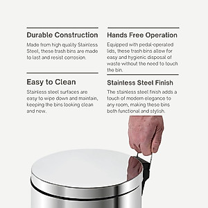 Westerly 3 Pcs Premium Stainless Steel Trash Bin Set - 30L, 5L, 3L