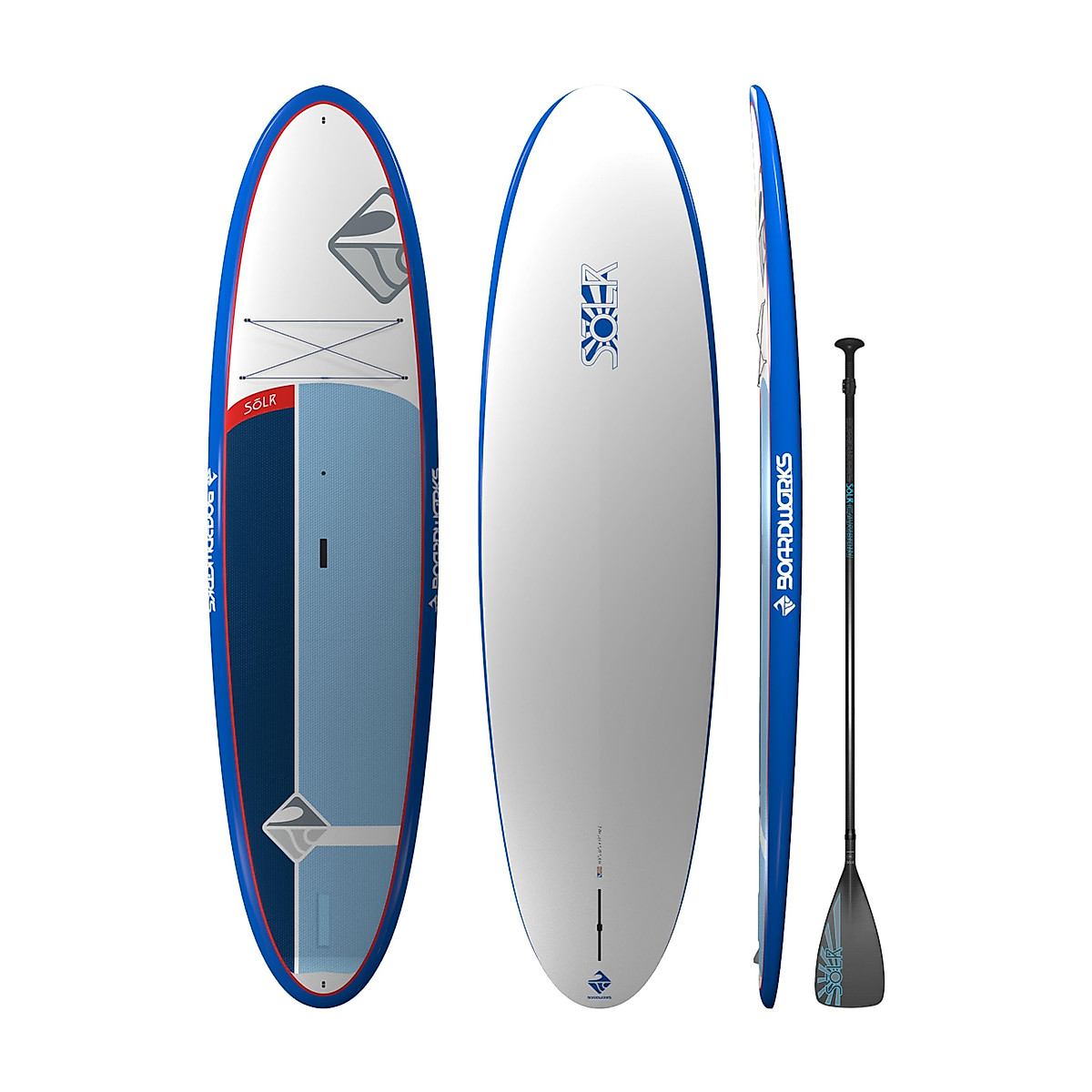Boardworks Sōlr | Recreational Stand Up Paddleboard | X-Shot Epoxy Hardboard with Paddle | 10' 6",Blue/White/Grey