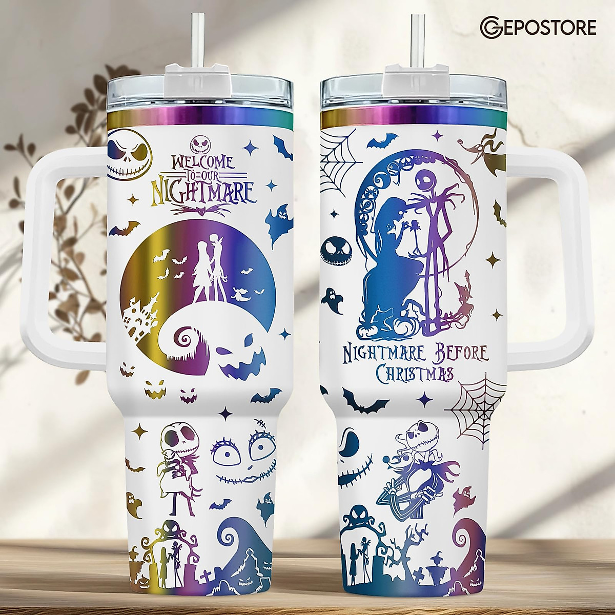GEPOSTORE Birthday Gifts for Movie Lovers, Skeleton Couple 40oz Laser Tumbler with Handle, Spooky Movie Cup, Horror Movie Coffee Mug, Gifts for Christmas Halloween