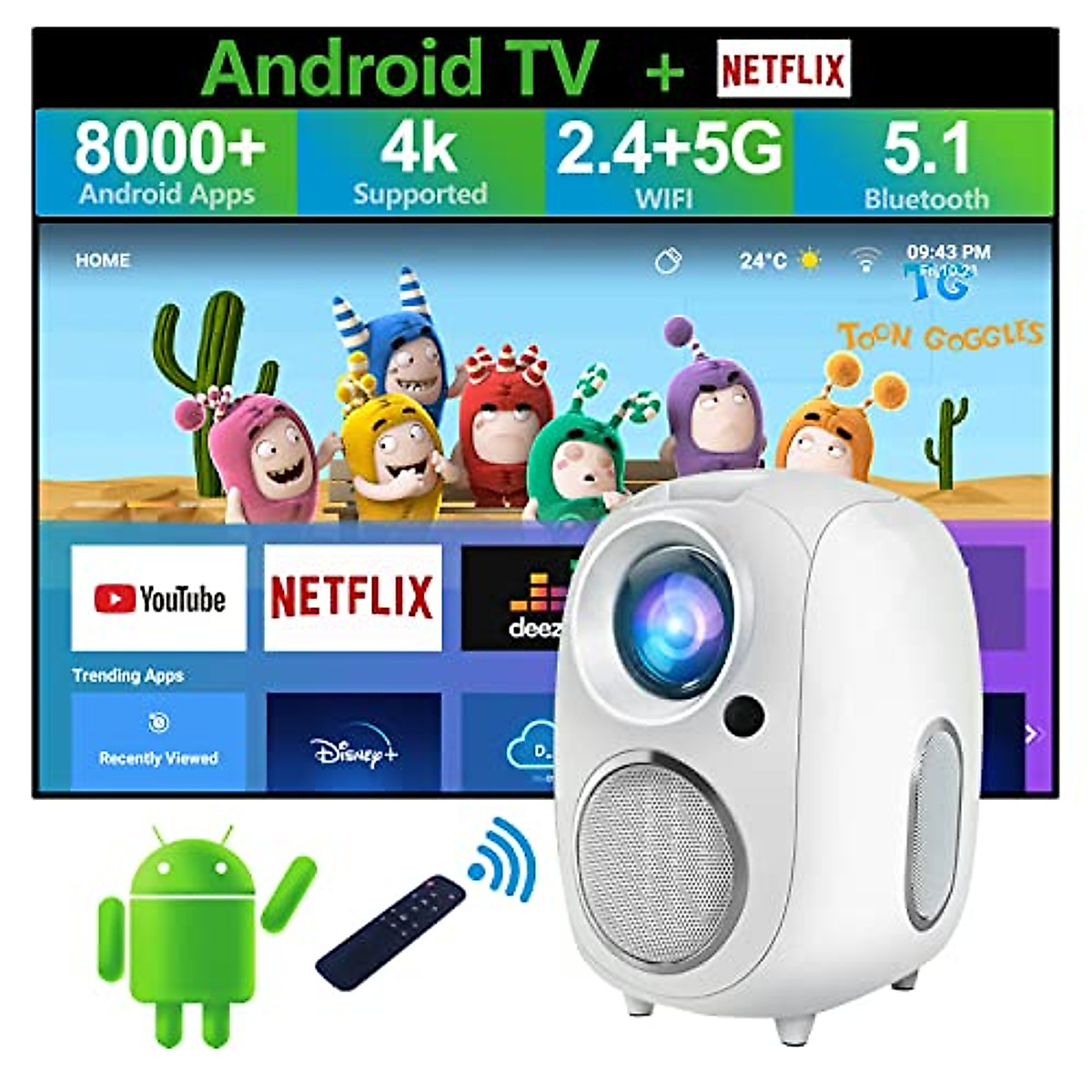 4K Projector with 5G WiFi and Bluetooth,Android TV Projector 1080P Full HD 4K Supported, Projector for Outdoor Use,500 ANSI Lumen 300" Screen,Smart Projector with Apps for iPhone/HDMI/USB