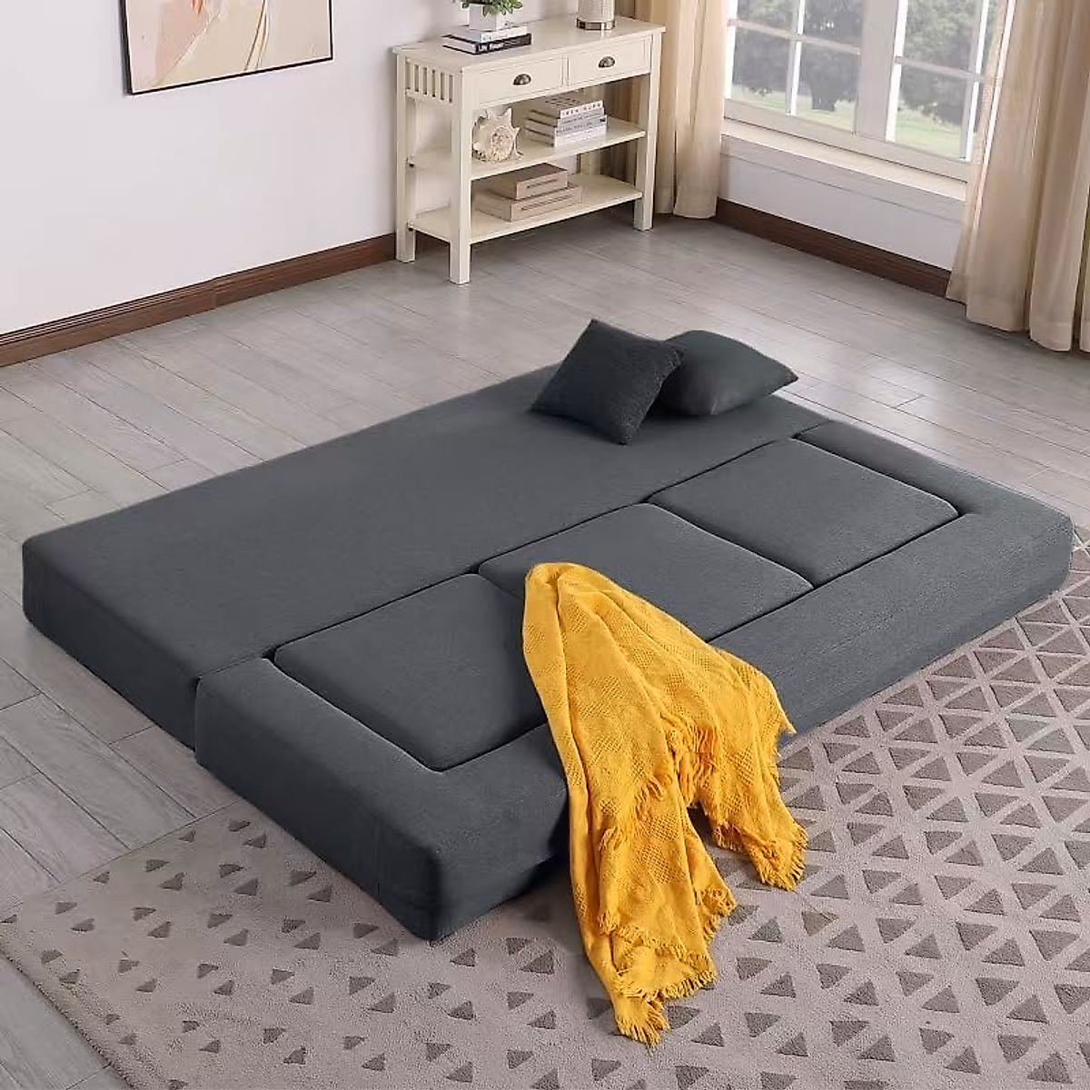 Uoobmope Convertible Floor Sofa Bed, Foldable Sofa Couch with 3 Ottomans, Memory Foam Fold Out Sleeper, Folding Mattress Futon Sofa Bed for Living Room/Bedroom/Studio-Dark Grey