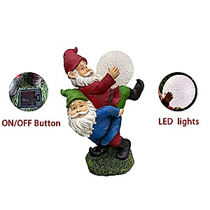 Raywer Solar Powered 2 Gnomes Playing with Ball , Decorated Solar Light, Garden Decorations Statues , Garden Light Decor for Lawn Ornaments, Resin Garden Figurines (2 Gnomes with a Glass Ball)