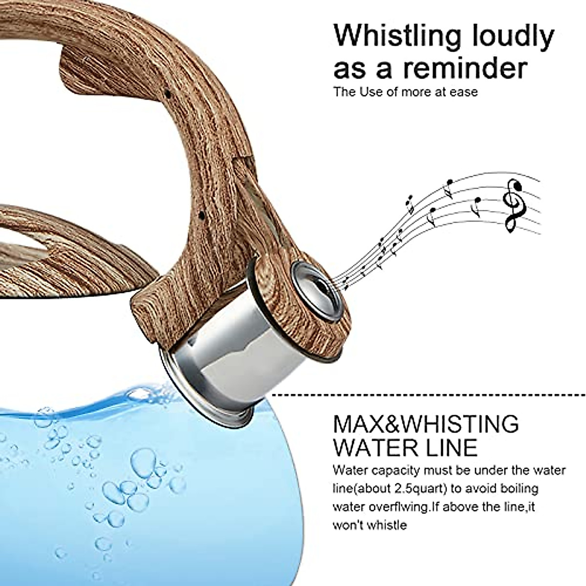Teapot Whistling Tea Kettle with Wood Pattern Handle Loud Whistle,Food Grade Stainless Steel Tea Pot for Stovetops Water Kettle(Silver-RW)