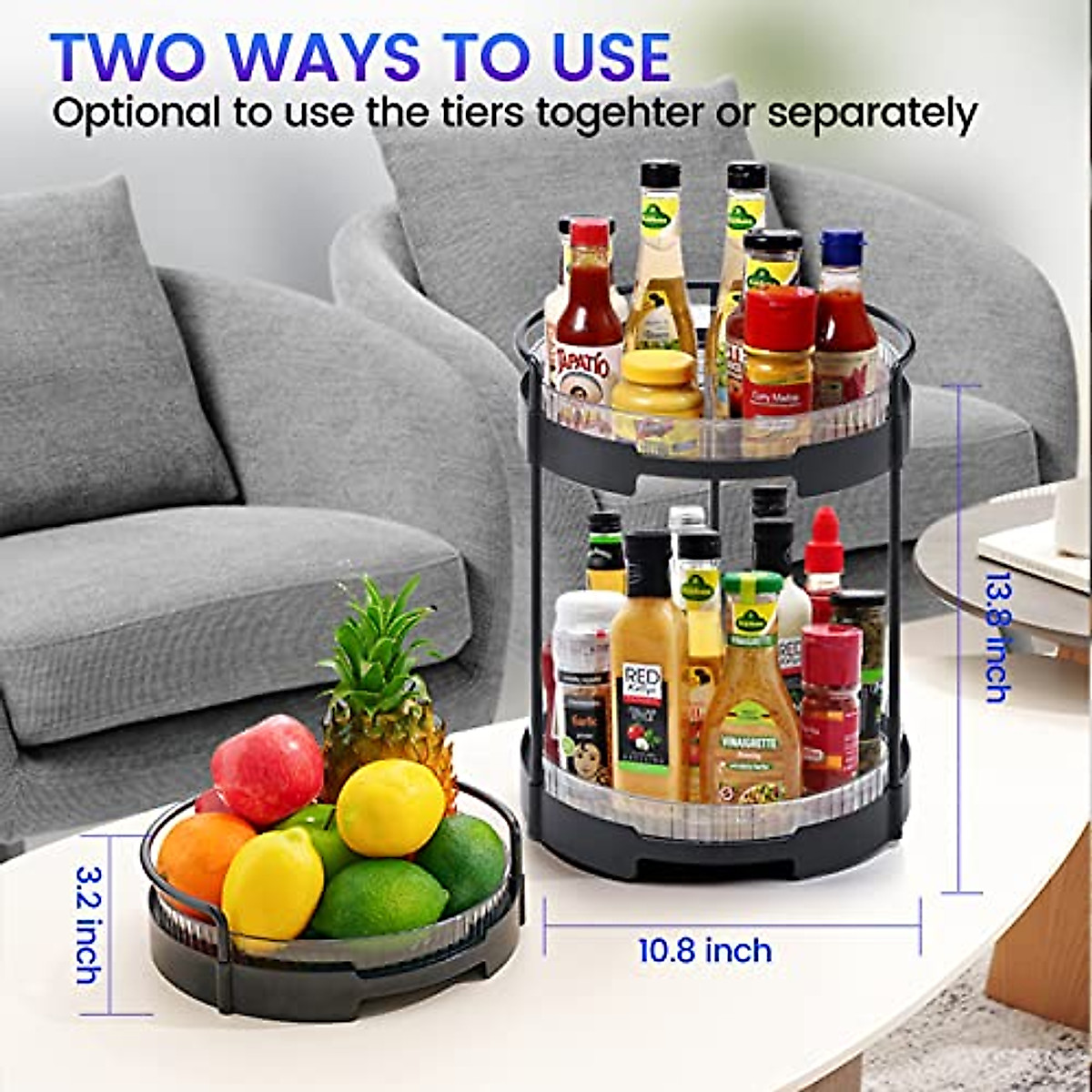 2 Tier Lazy Susan Turntable Spice Rack Organizer for Kitchen Cabinet, Farmhouse Tiered Tray Decorative Trays for Fruit, Snacks - Organizer for Cupboard, Pantry, Bathroom, Table