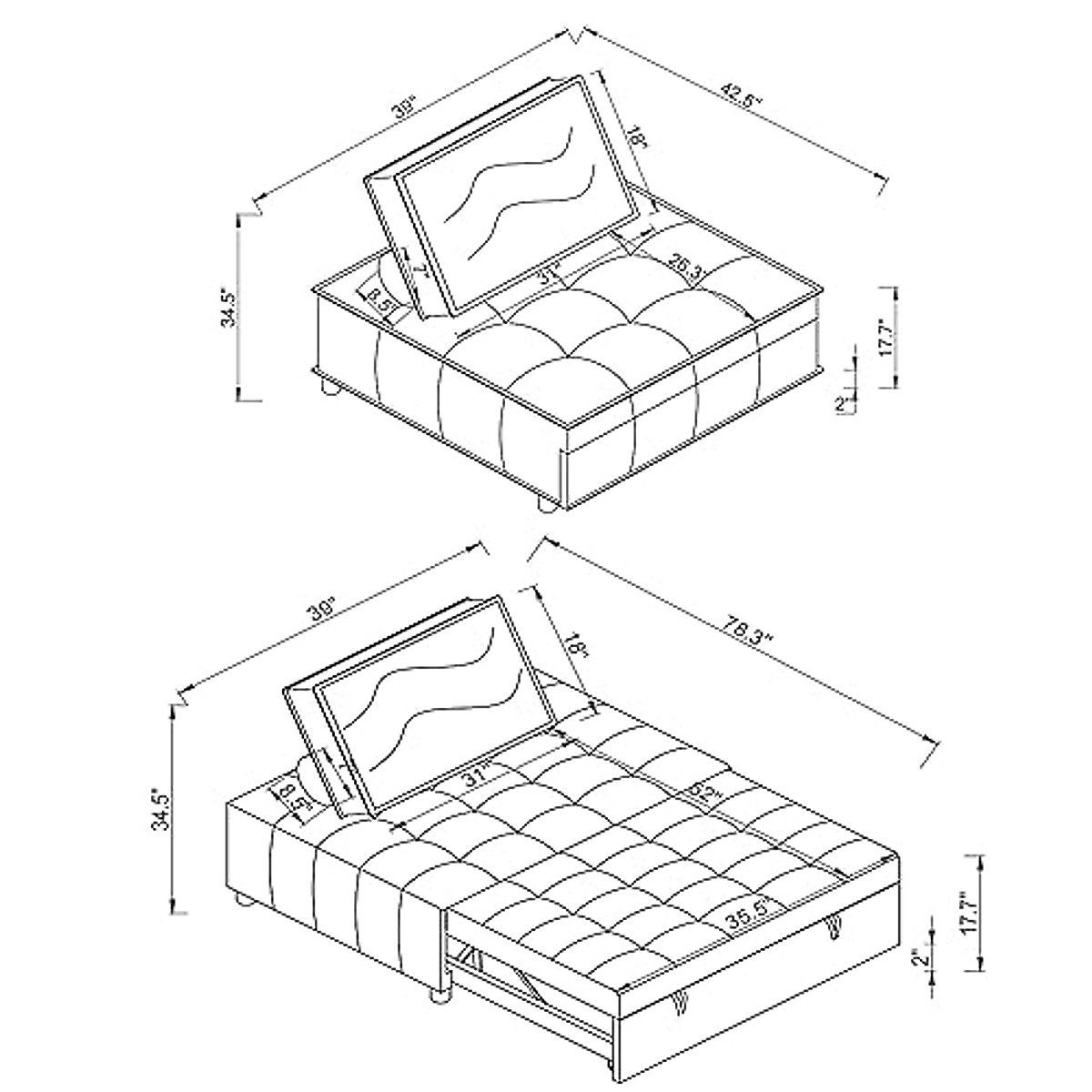 Bellemave 3 in 1 Pulling Out Ottoman Sofa Bed,Multipurpose Faux Leather Folding Ottoman Sleeper Couch Lounger,Convertible Adjustable Sleeper Chair for Living Room Apartment Office（Brown PU）