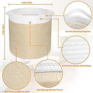 DSVENROLY 2Pcs Cotton Rope Storage Basket, 13.4" x 11.8" Linen Woven Baby Laundry Basket Blanket Baskets with Handles, Toy Nursery Storage Baskets Bin for Blankets Towels Pillows (Khaki)