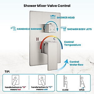 gotonovo Ceiling Mounted Rain Mixer Shower Faucet Set 12 inch Square Rainfall Shower Head with 4 Body Spray Jets and Brass Handshower Brushed Nickel Rough-in Valve and Trim Included