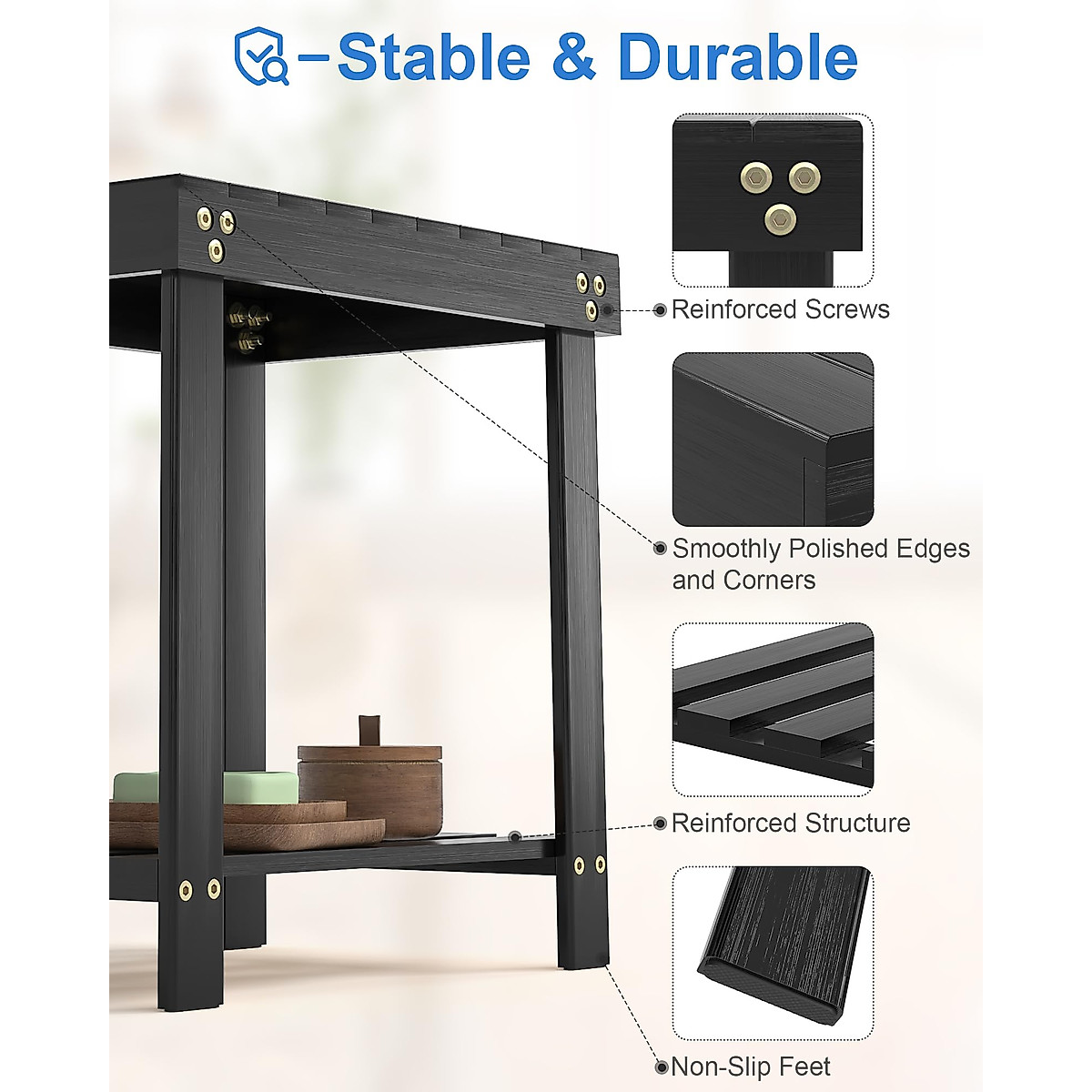 Bamneat Small Bamboo Bathroom Shower Bench with Storage Shelf, Durable Shower Stool for Shaving Legs, Indoor and Outdoor Use, Black