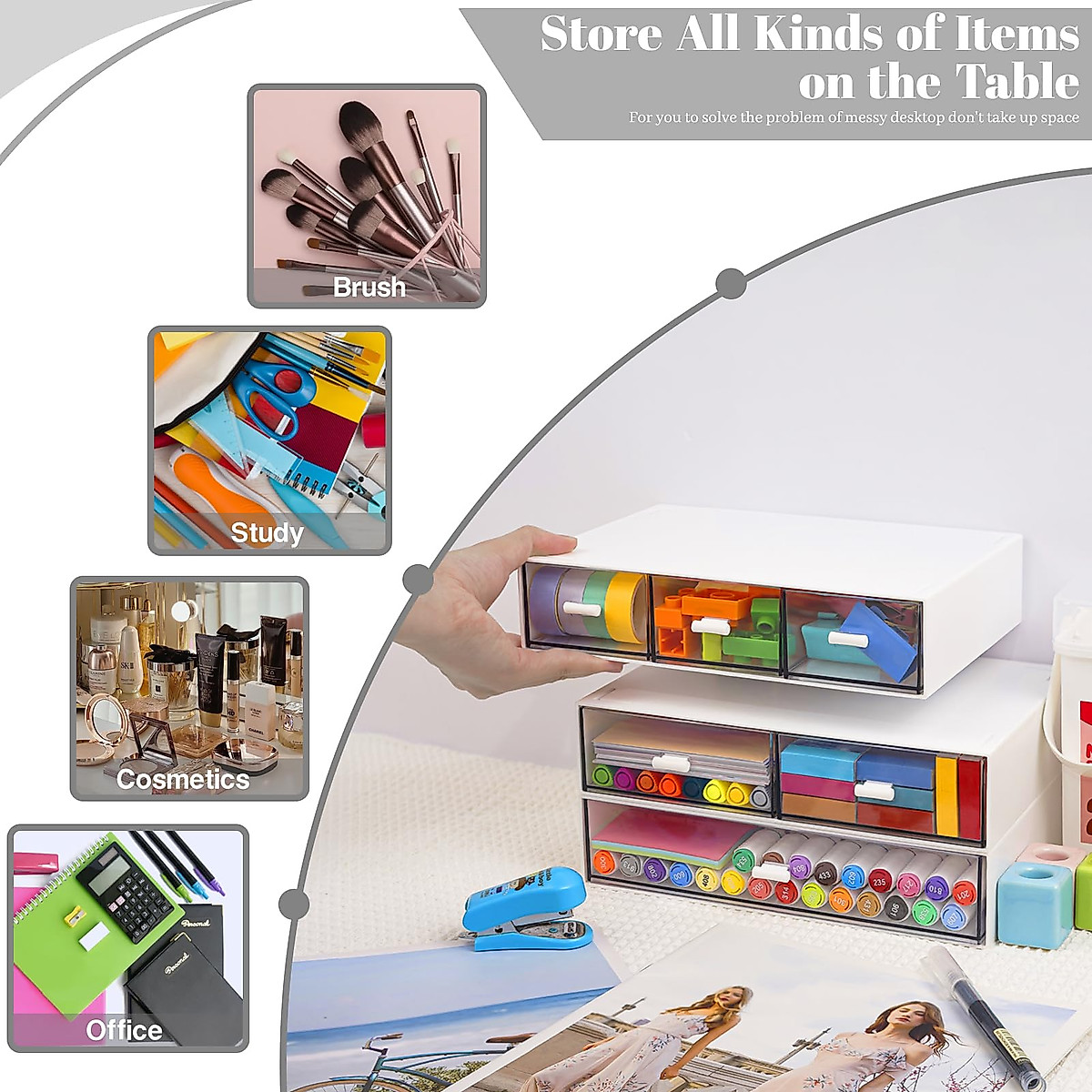 3 Tier Stackable Desk Organizer with 6 Drawers, Plastic Desk Storage Box Desktop Drawers, Detachable Makeup Storage Office Stationery Supplies Organizer for Desk Office School(New White)