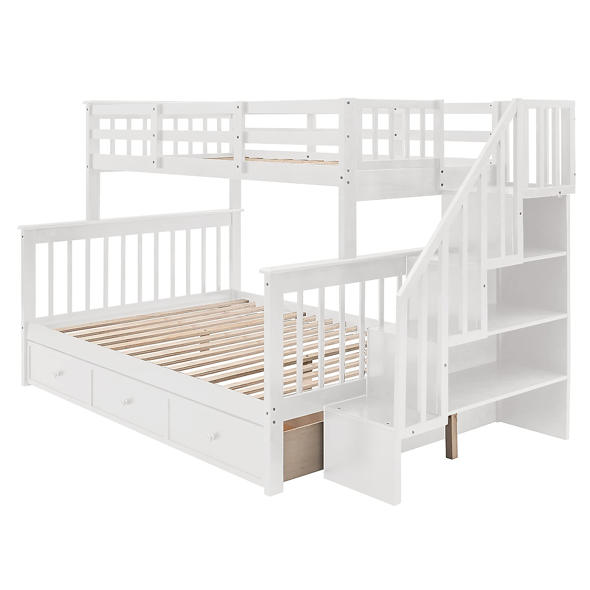 Twin Over Full Bunk Bed, Wood Twin Over Full Bunk Bed Frame with Storage Drawers and Shelves, Twin Over Full Size Bunk Bed Frame with Guardrails and Stairs for Kids Boys Girls Teens Adults, White