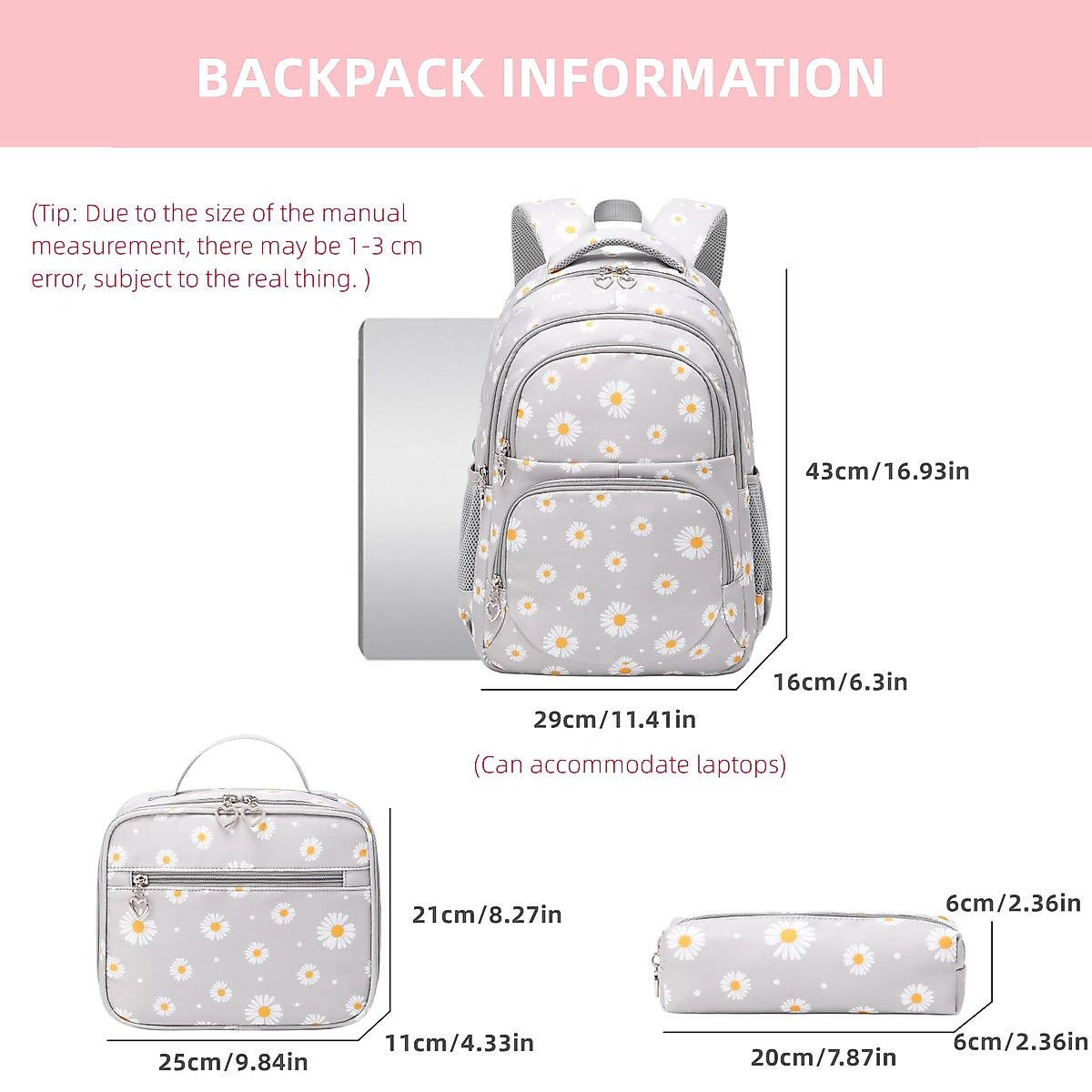 Armbq 3Pcs Daisy Printed Kids Backpack Girls School Bookbag Set Elementary Students Daypack with Lunch Bag