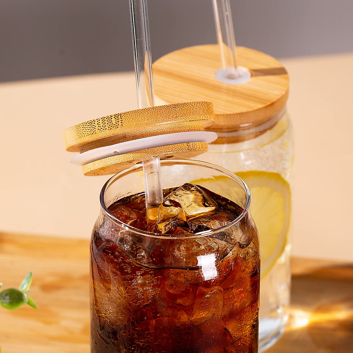 SUNNOW Vastto 16 Ounce Glass Cups with Bamboo Lids and Straws,Can Tumbler Glasses,Iced Coffee Cups for Home Dinning, Bar and Party,Set of 4