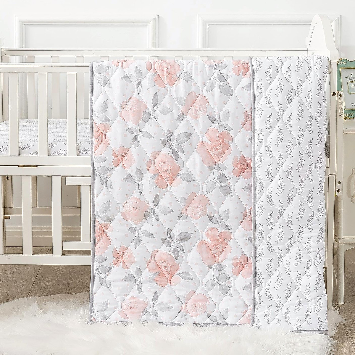 Soul & Lane 3-Piece Crib Bedding Set for Girls: Pink and Gray Quilt Blanket, Floral Fitted Crib Sheet, Changing Pad Cover, Floral Blush Pink and Grey Baby Girl Crib Bedding Set
