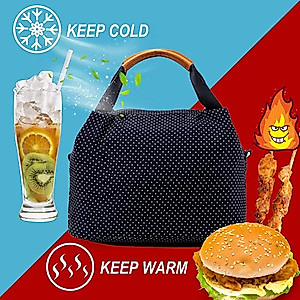 CALIYO Lunch Bag for Women, Insulated Kids Lunch Container with Leather Holder, Foldable Cute Small Cooler Polka Dot Lunch Tote Bag for Office School Picnic Camping Travel, 9L,Black