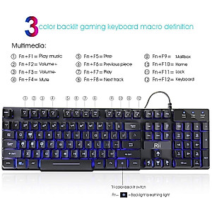 Rii RK100 3 Colors LED Backlit Mechanical Feeling USB Wired Multimedia Office Keyboard For Working or Primer Gaming,Office Device (Renewed)