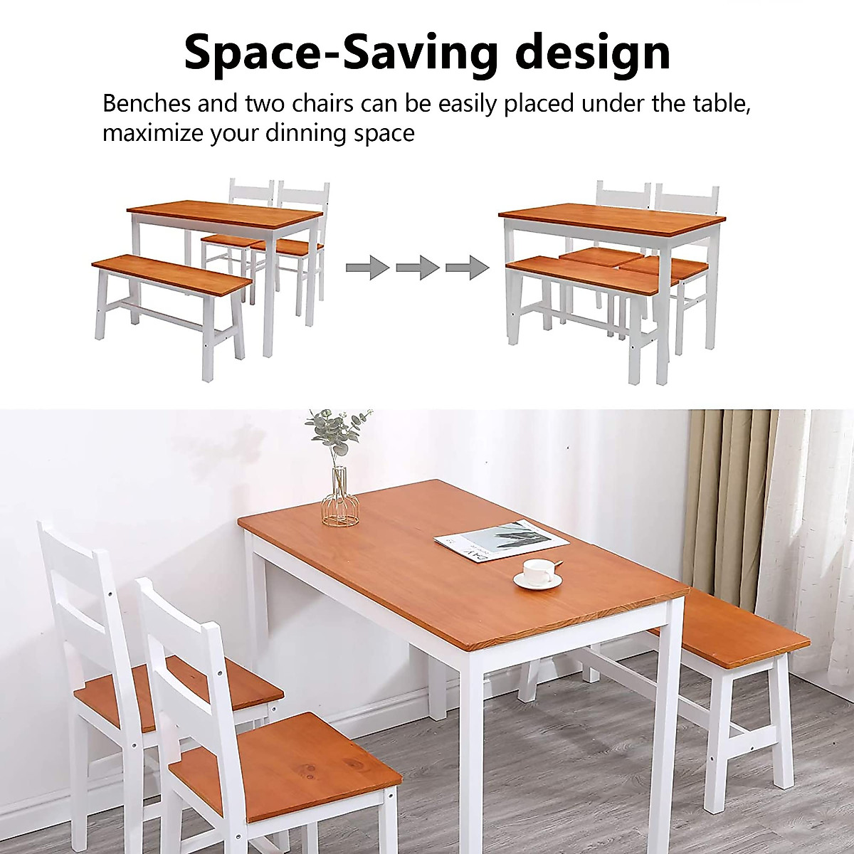 Alohappy Dining Table Set for 4, Solid Wood Kitchen Table with 2 Chairs and Bench, 4-Person Space-Saving Dinette Table for Kitchen, Dining Room, Sturdy Structure Easy Assembly Orange + White
