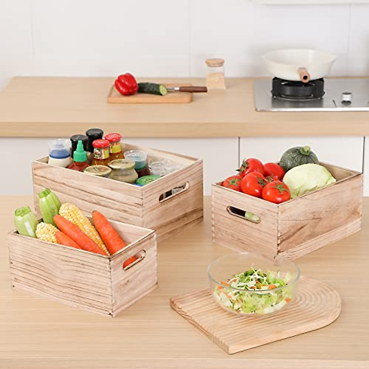 Farmhouse Antique Wood Crate, Nesting 3-piece set, Storage Box With Handles For Toys, Fruits, Vegetables And Bread For Parties, Bathrooms And Kitchens (Brown)