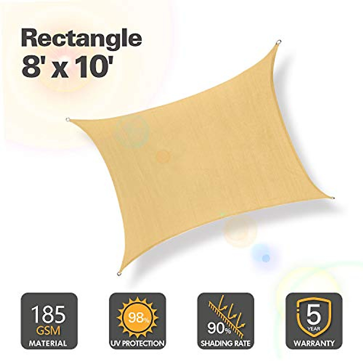 Cisvio 8'x10' Sand Rectangle Sun Shade Sail Canopy UV Block Awning Heavy Duty Commercial Shade Sail for Patio Grade Garden Backyard